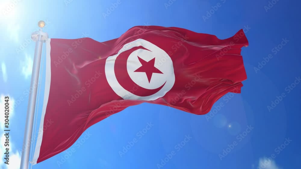 Tunisia animated flag in the wind with blue sky in the background ...