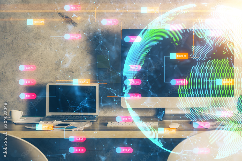 Multi exposure of table with computer and world map hologram ...