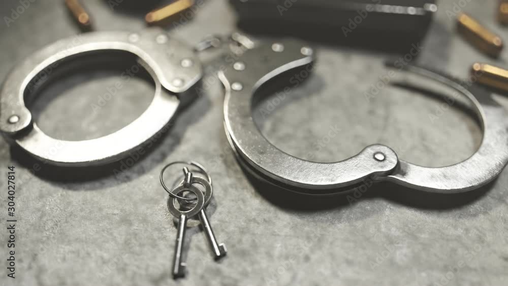 Handcuffs with lock keys and magazine of a pistol. Camera focuses on ...