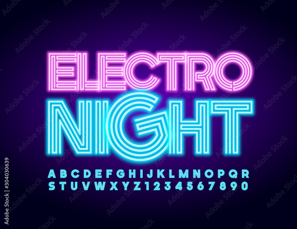 Vector Neon Emblem Electro Night. Bright glowing Font. Modern Alphabet ...
