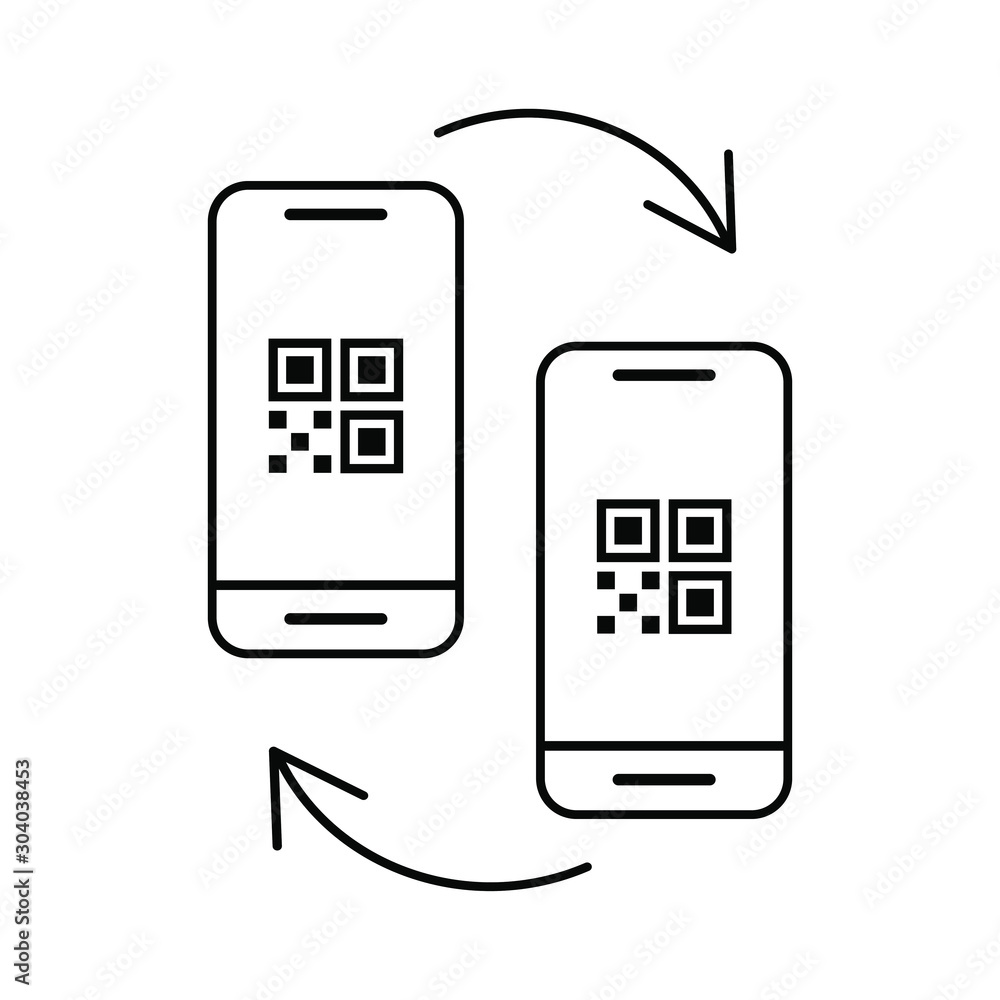 Mobiles connecting with QR code. Stroke outline style. Vector Isolated ...