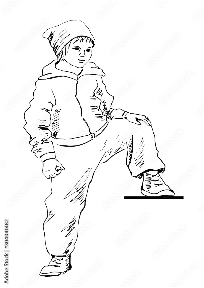 Teenager boy dressed in street fashion style. Hand drawn black sketch ...