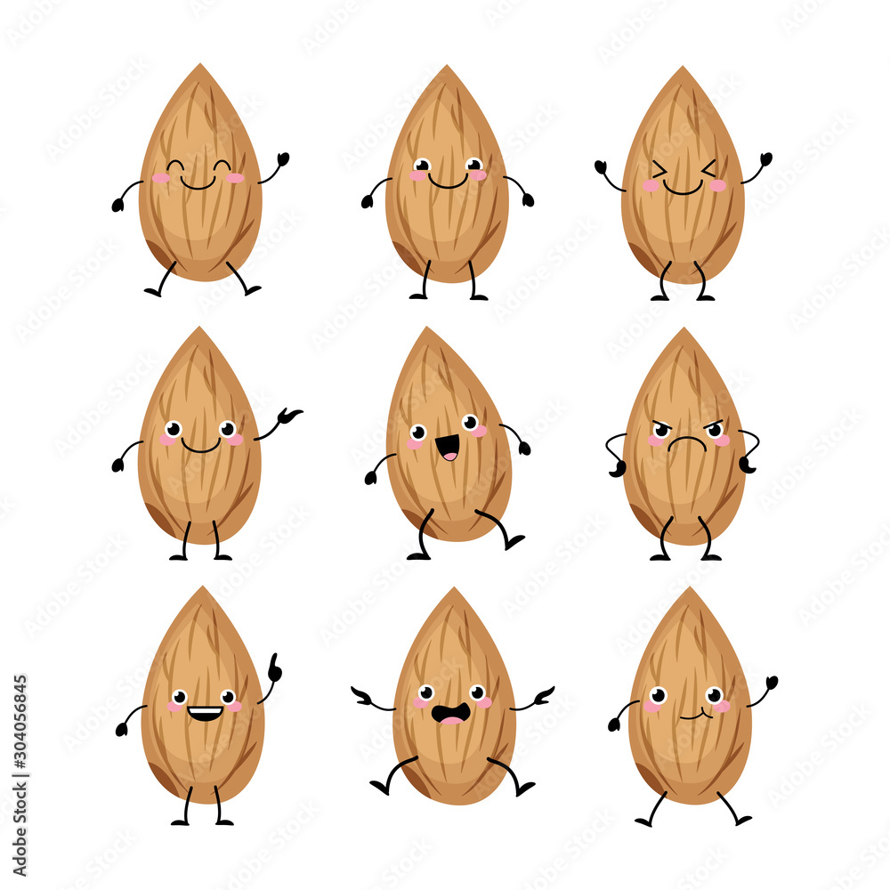 Cute almond characters set with different emitions vector illustration ...