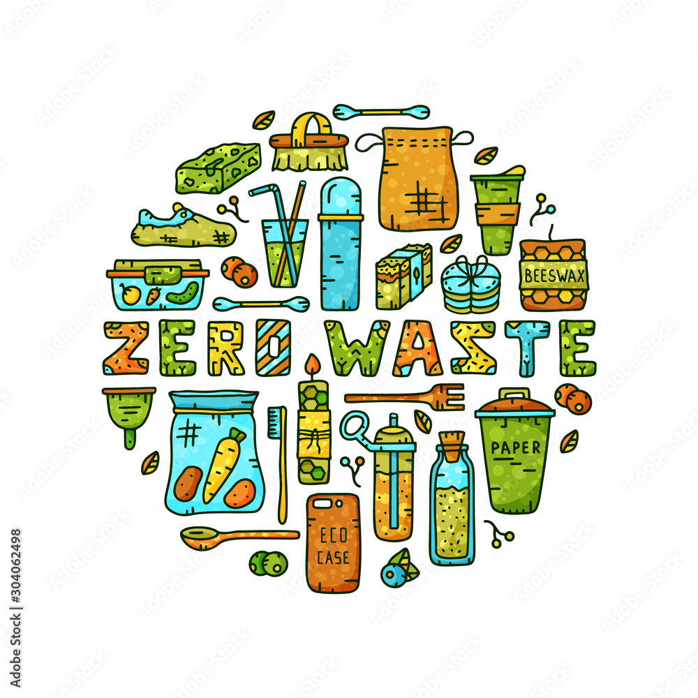 Round template zero waste theme. Lettering and color elements. Vector ...