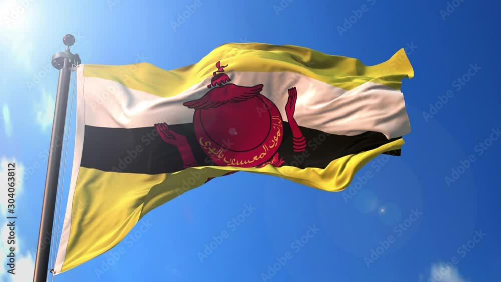 Brunei animated flag in the wind with blue sky in the background, green ...