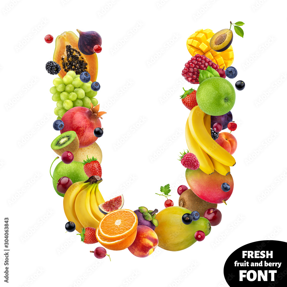 Symbol U made of berries and fruits, food font isolated on white ...