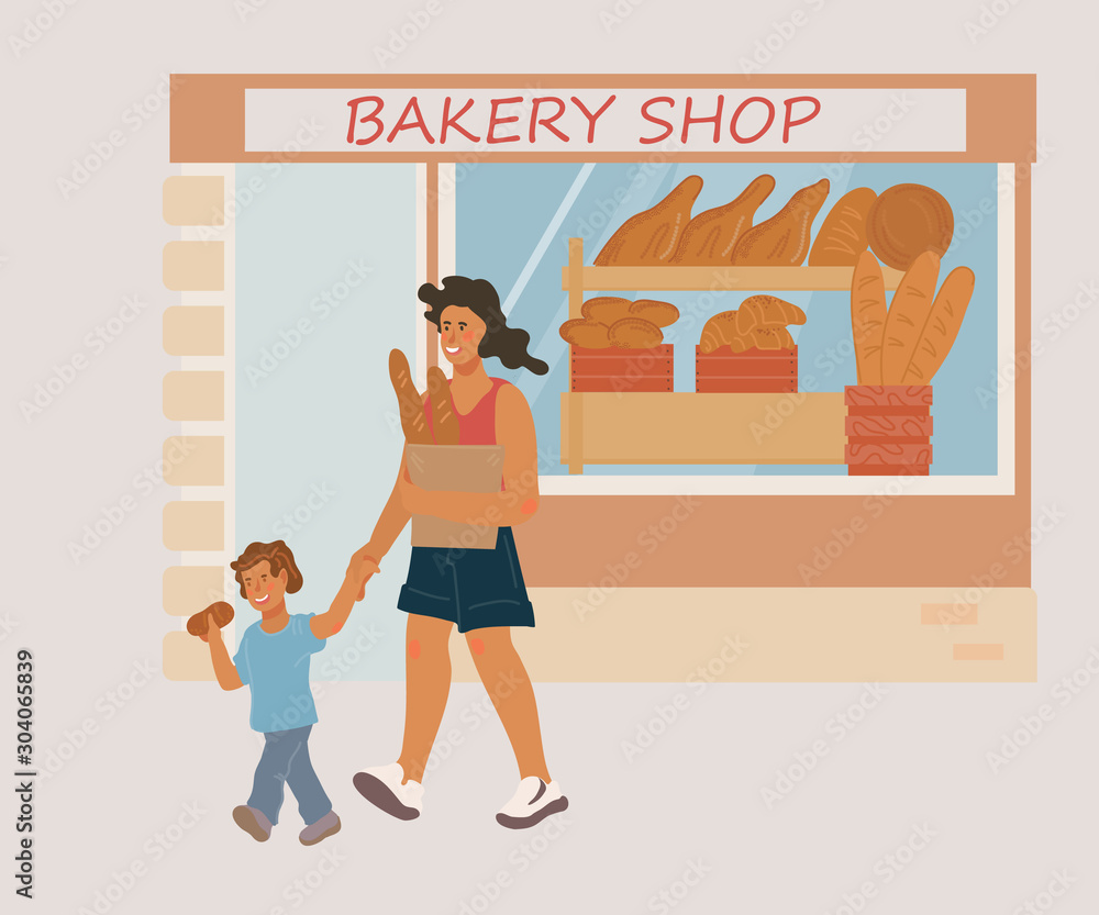 Bakery shop facade with people, woman and child cartoon characters ...