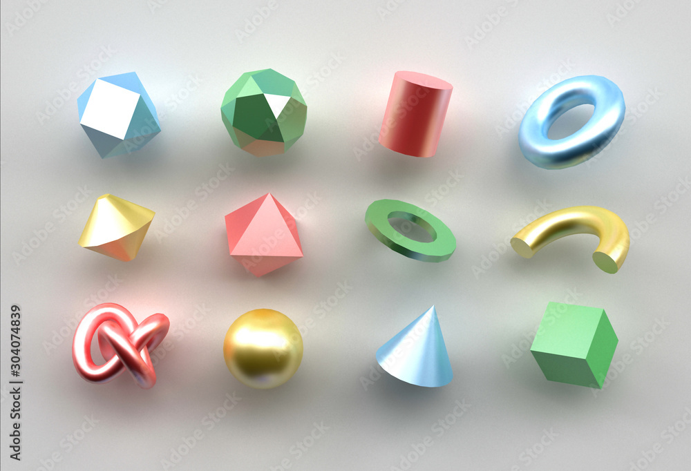 Set of 3d render realistic primitives on white background. Isolated graphic elements. Spheres ...