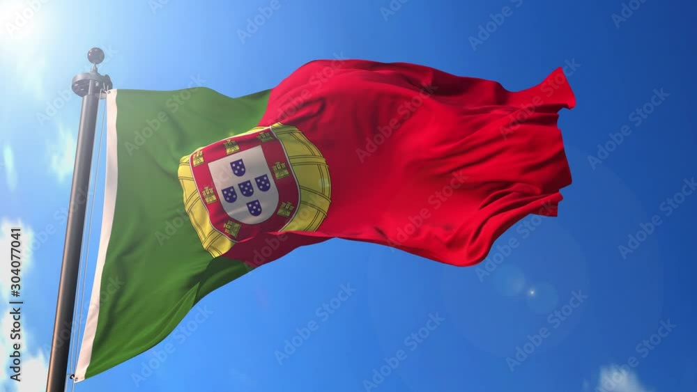 Portugal animated flag in the wind with blue sky in the background ...