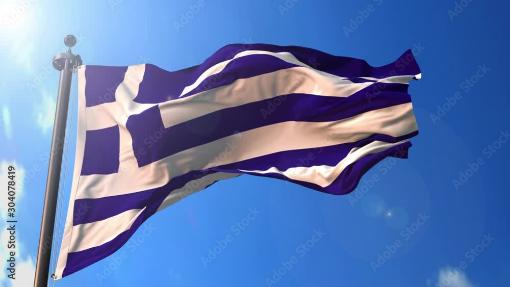 Greece animated flag in the wind with blue sky in the background, green ...