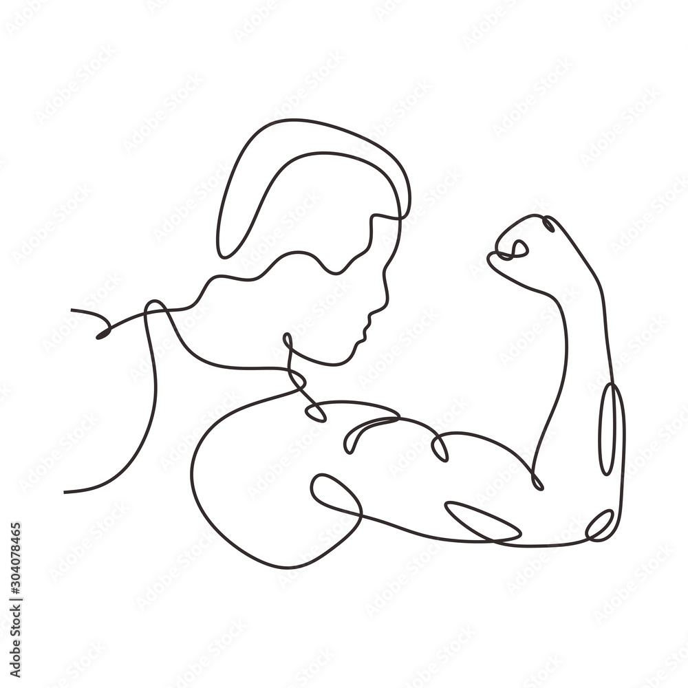 Continuous one line drawing of muscular man. Guy person with big muscle ...