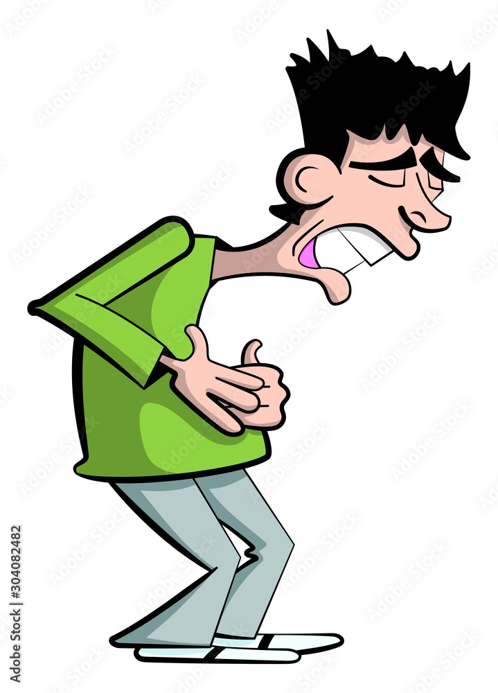 Cartoon style illustration of a man pulling his face and holding his ...