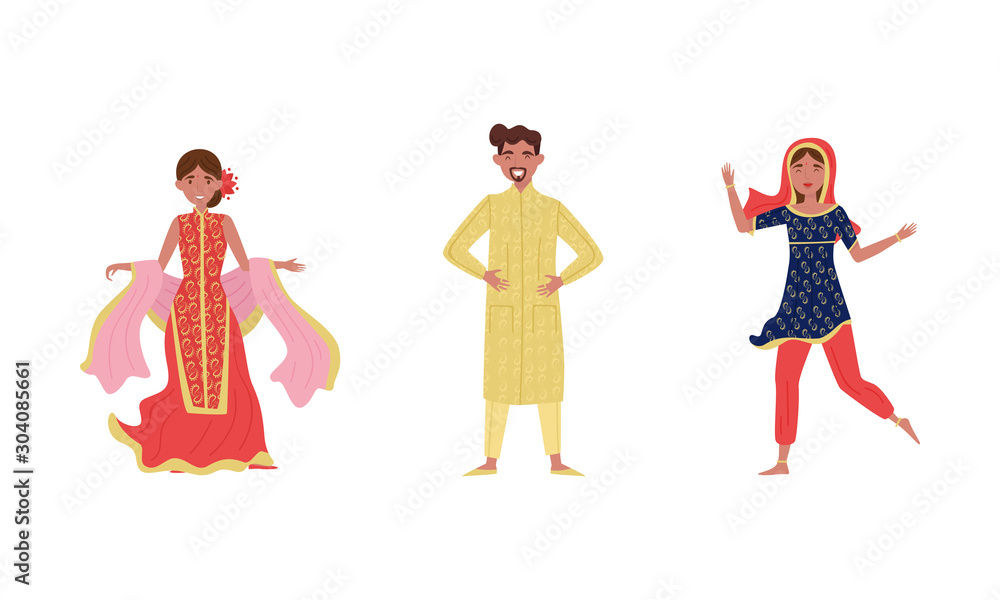 Indian Dancers in Traditional Costumes Vector Illustrations Stock ...