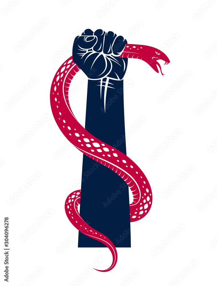 Hand squeezes a snake, fight against evil, control your dark side ...