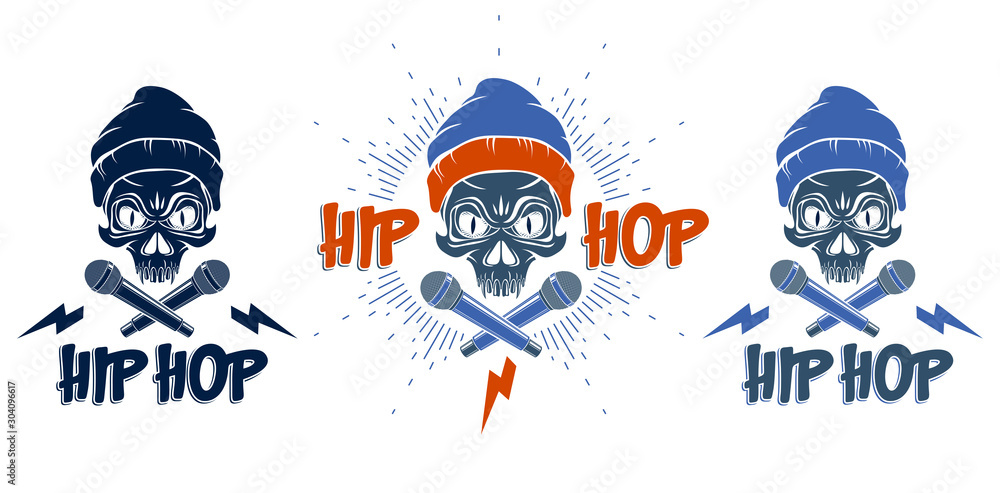 Rap music vector set logos or emblems with aggressive skull and two ...