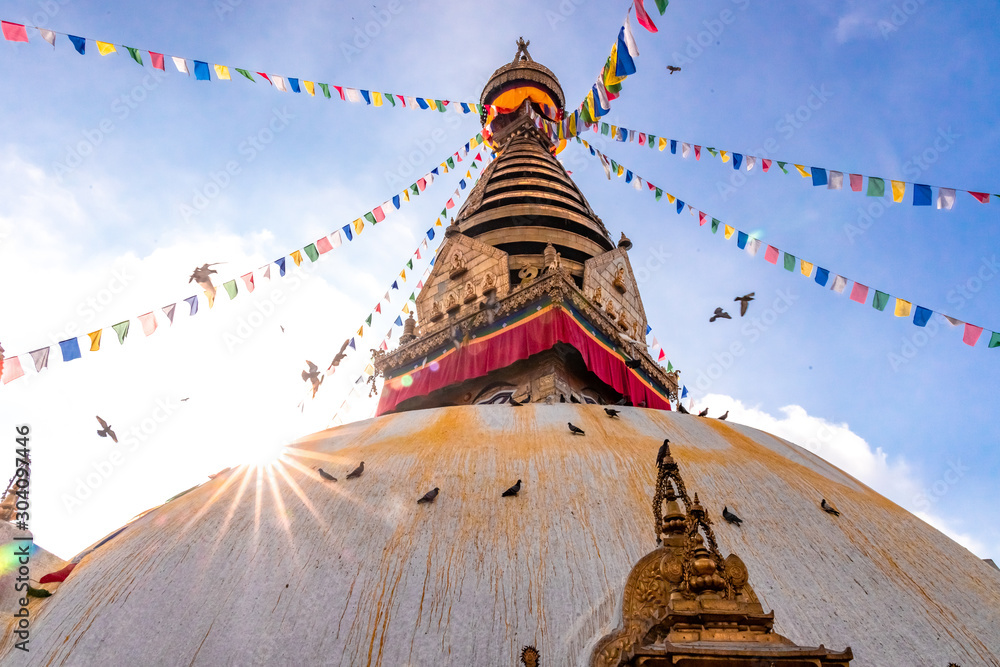 Swayambhunath Stupa, aka The Monkey Temple, during sunrise in Kathmandu ...