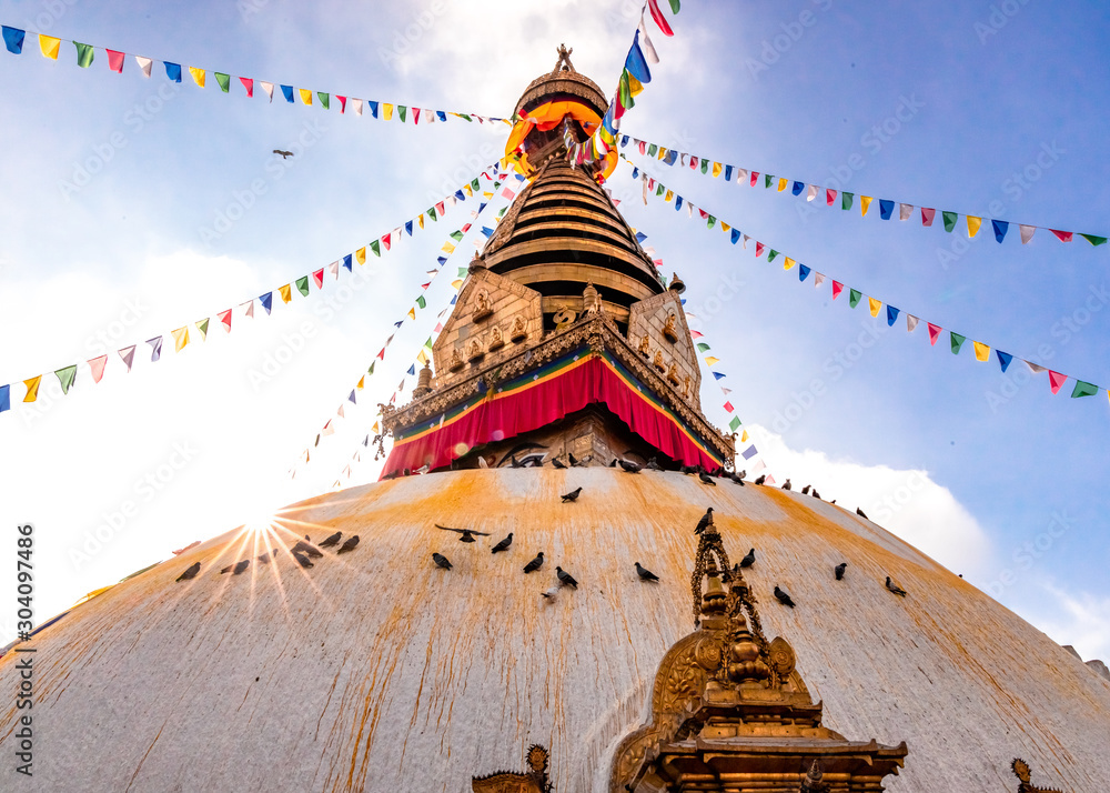 Swayambhunath Stupa, aka The Monkey Temple, during sunrise in Kathmandu ...