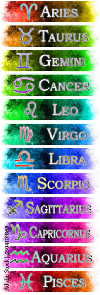 Set of the twelve zodiac signs and their names with banners of paint in ...