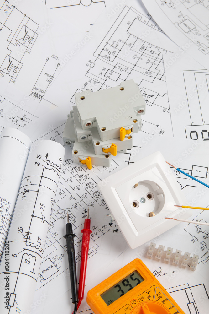 electrical outlet, switch, circuit breakers and digital multimeter ...