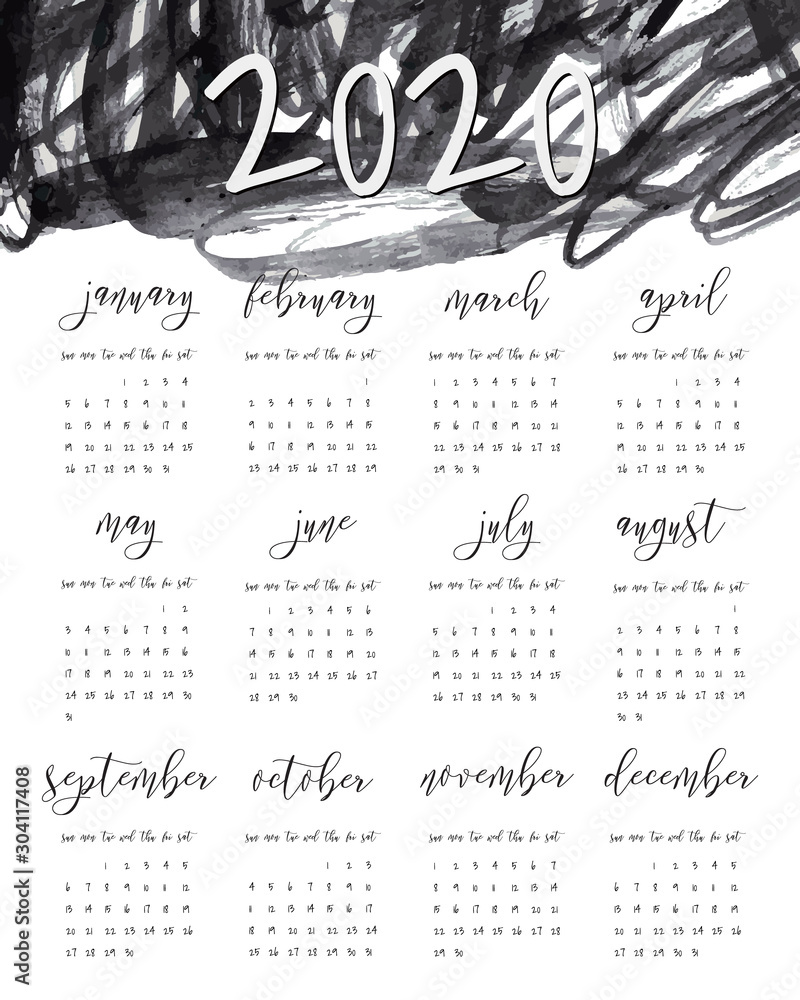 Hand written ink calendar template, 2020 year. Watercolor painted ...