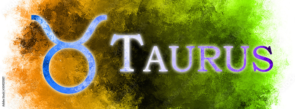 Isolated symbol of the zodiac sign Taurus and its name with a banner of ...