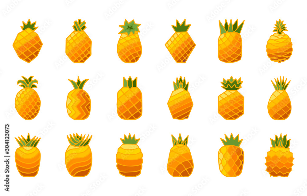 Set different hand drawn bright color icons of pineapple fruit with ...