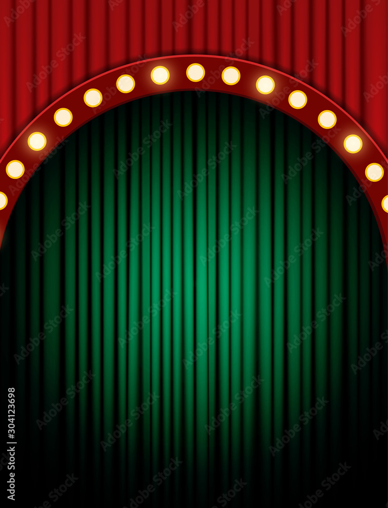 Background with red and green curtain. Design for presentation, concert ...