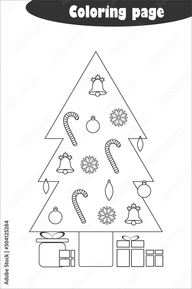 Xmas tree in cartoon style, coloring page, christmas education paper ...