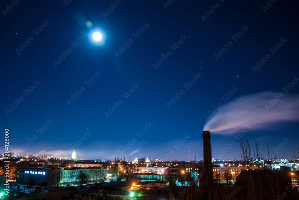 night city landscape, with a central chimney. Smoke pollution concept ...