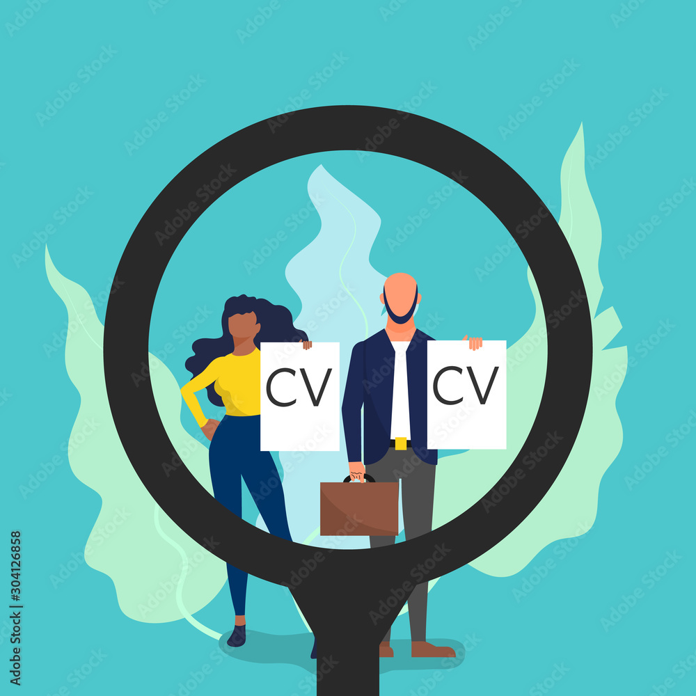 Concept of hiring new employees, big magnifying glass over female and ...