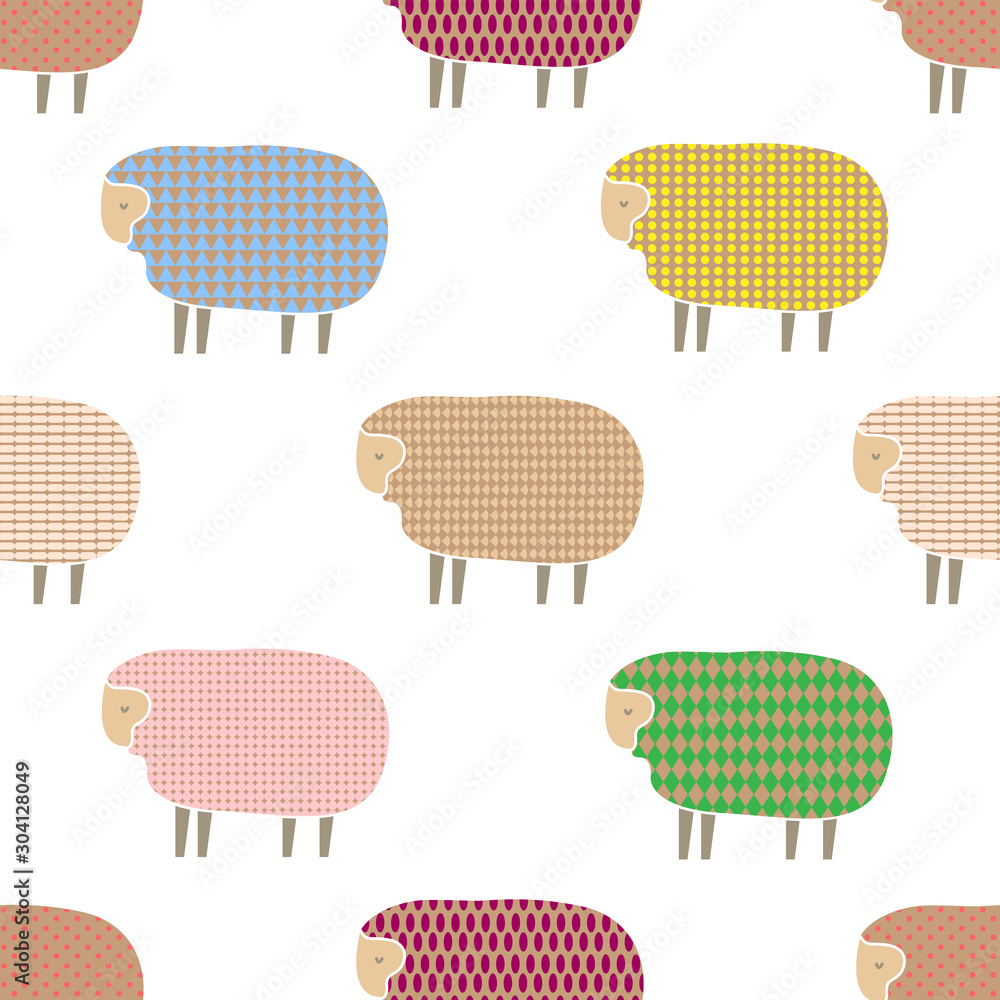 Vector colorful sheep with vintage texture. Seamless pattern with farm ...
