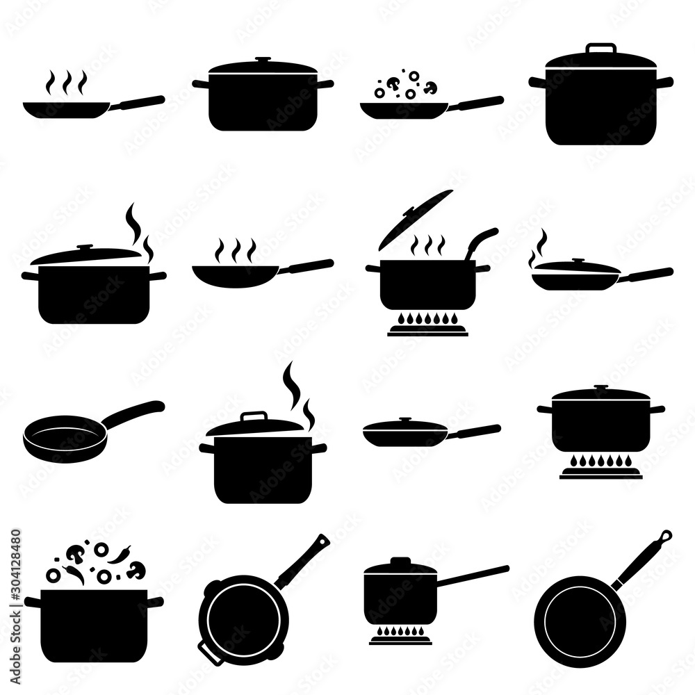 Frying pan and pan set icon, logo isolated on white background. Cooking ...
