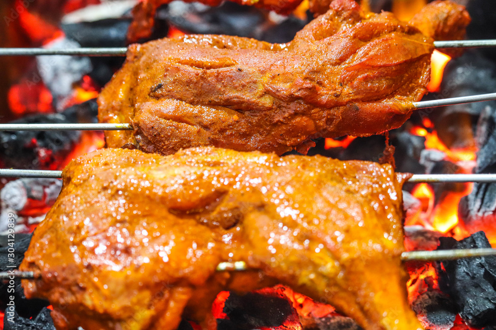 Grilled Garnished Gourmet Chicken Kawab Tikka Cooking in Tandoor Stock ...