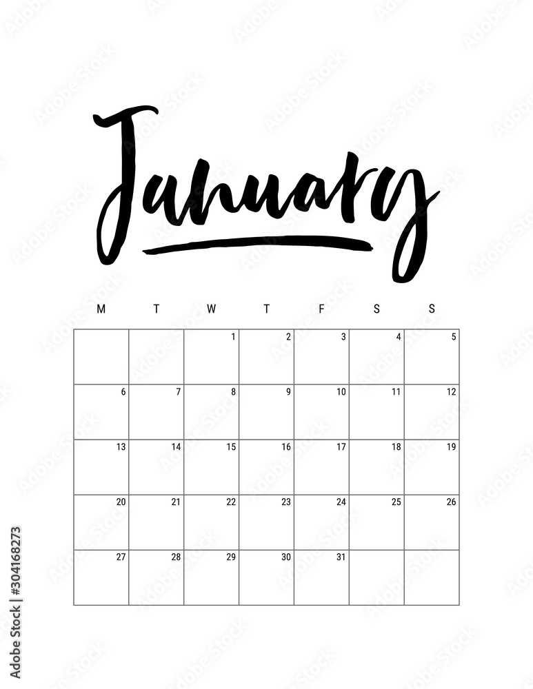 2020 January calendar desk planner, weeks start on Monday. Hand drawn ...