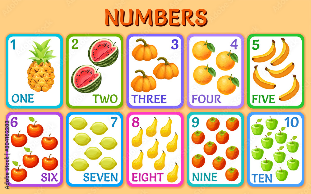 Cartoon vegetables and fruits. Children cards numbers for kids ...