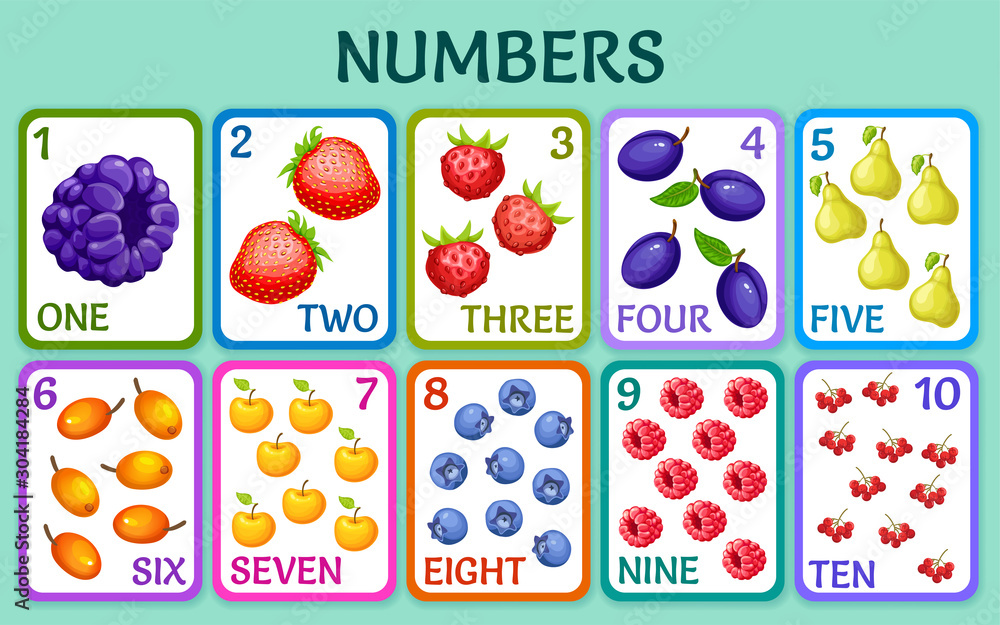 Cartoon berries and fruits. Children cards numbers for kids. Learning ...