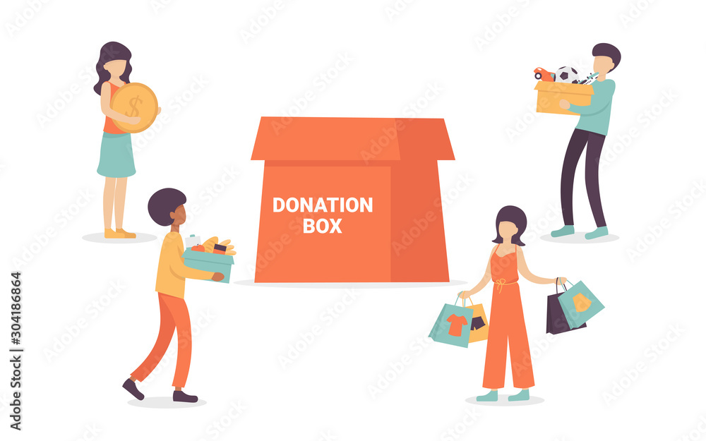 People characters volunteers bring goods for charity into huge donation ...