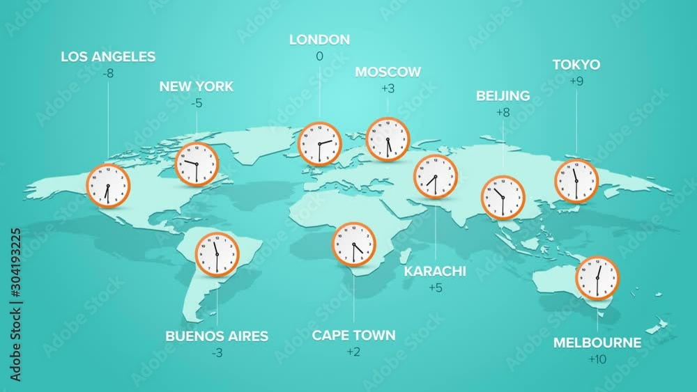 clock with time in big cities on blue world map time zone illustration ...
