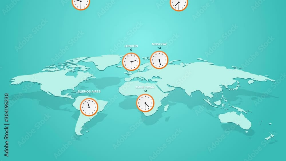animation blue world map with orange clock with selected major cities ...