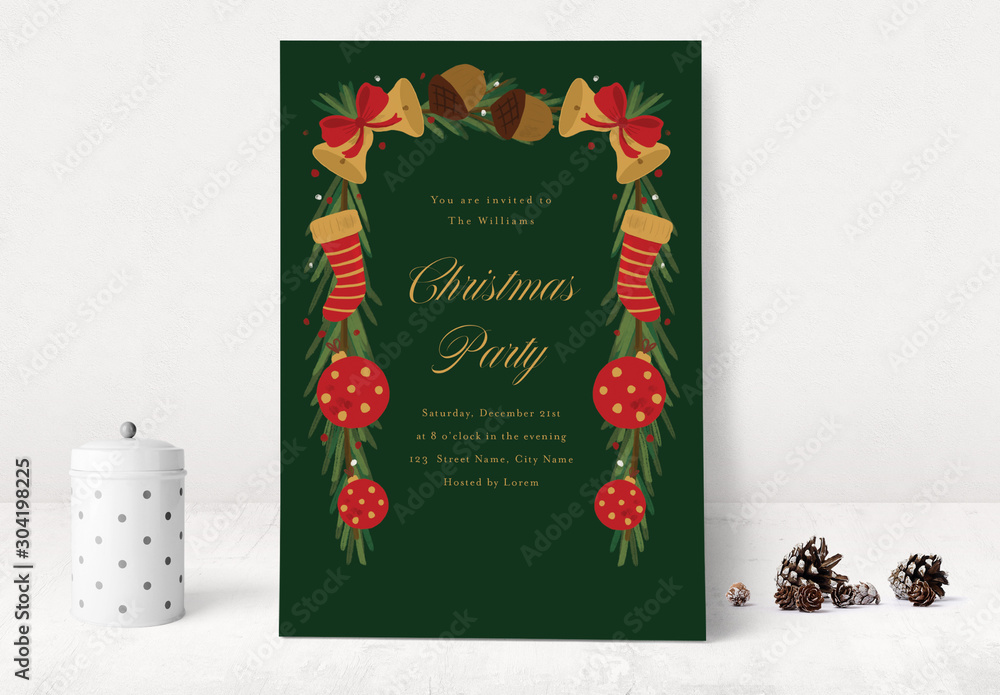 Christmas Party Invitation Layout With Garland Stock Template Adobe Stock