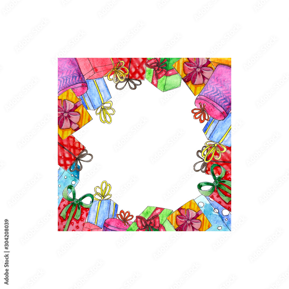 Hand painted Watercolor gift boxes frame with place for text. Cute ...