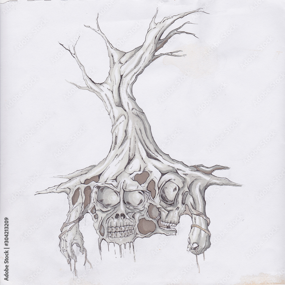 arbre avec deux crane enchevêtrés dans les racines Stock Illustration ...