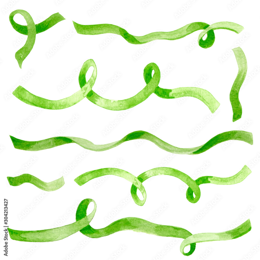 Watercolor illustrated green ink color ribbon set for wedding ...