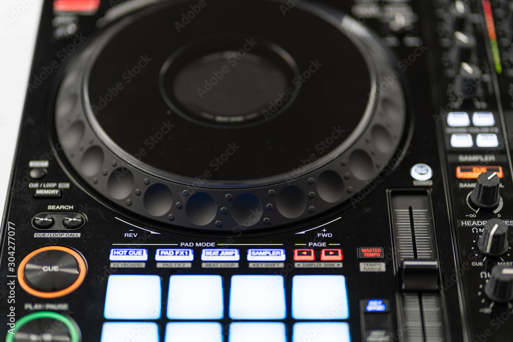 Professional concert dj turntables player device with sound mixer panel ...