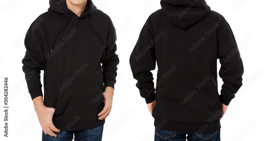 Man hoody set, black hoody front and back view, hood mock up. Empty ...