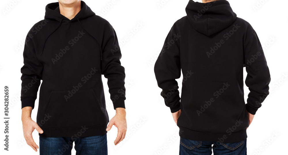 Man hoody set, black hoody front and back view, hood mock up. Empty ...