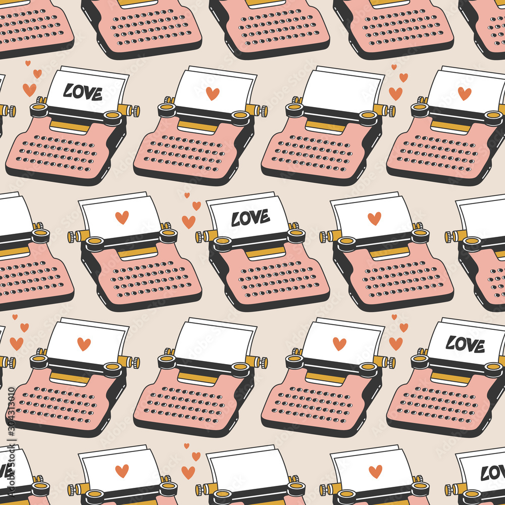 Seamless pattern with typewriters, sheets of paper, hearts, english ...