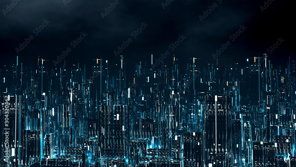 3D Rendering of digital city at night with various color led glowing ...