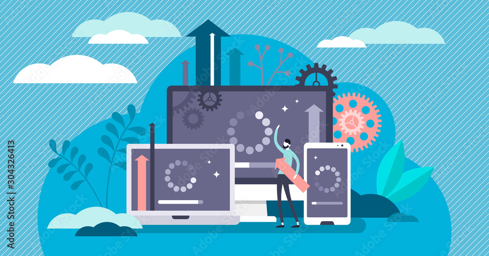 Update and upgrade software flat tiny person concept vector ...