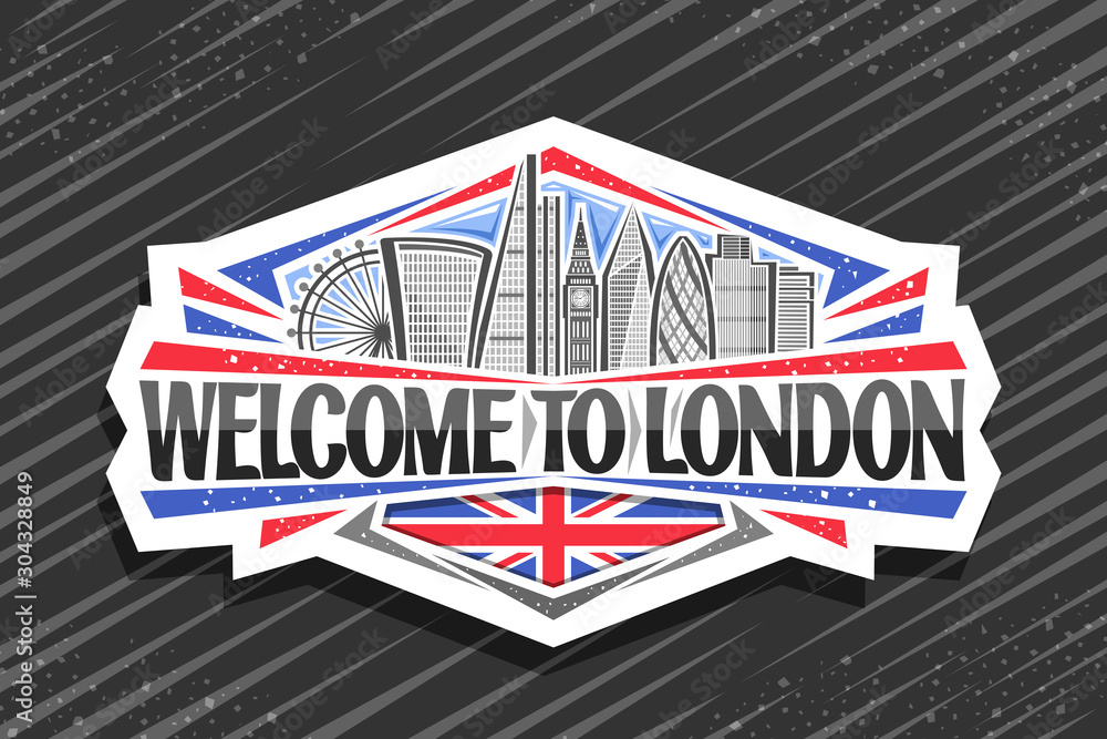 Vector logo for London, white decorative sticker with art draw of ...